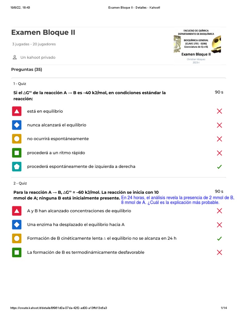Examen Bloque II - Detalles - Kahoot PDF | PDF | Enzima | Inhibidor de la enzima