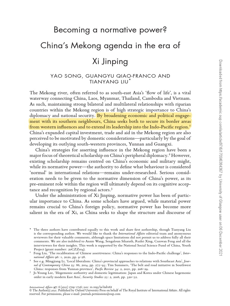 (Song and Liu) Becoming A Normative Power? China's Mekong Agenda in The Era of Xi Jinping | PDF ...