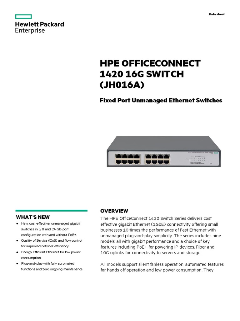 Hpe Officeconnect 1420 16g Switch Data Sheet (Jh016a) (436959) | PDF ...
