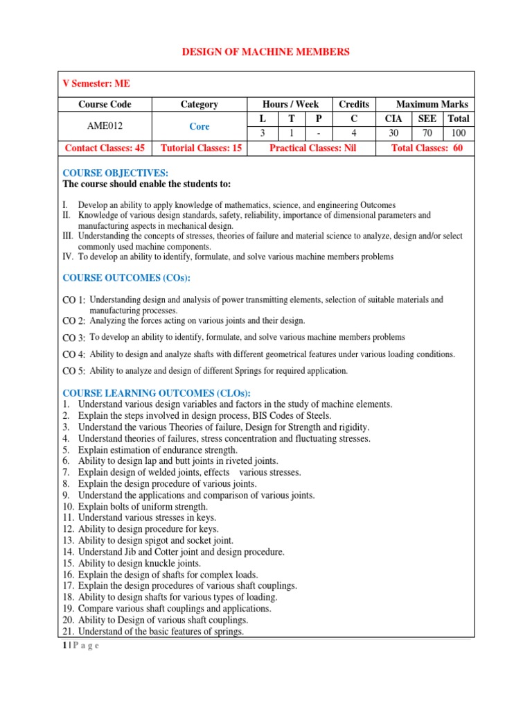 Design of Machine Members - Syllabus PDF | PDF | Strength Of Materials ...