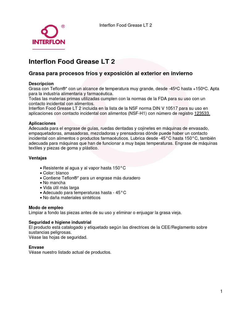 HER-0270 GRASA SANITARIA INTERFLON LT2 X 400ML - FT - MSDS | PDF ...