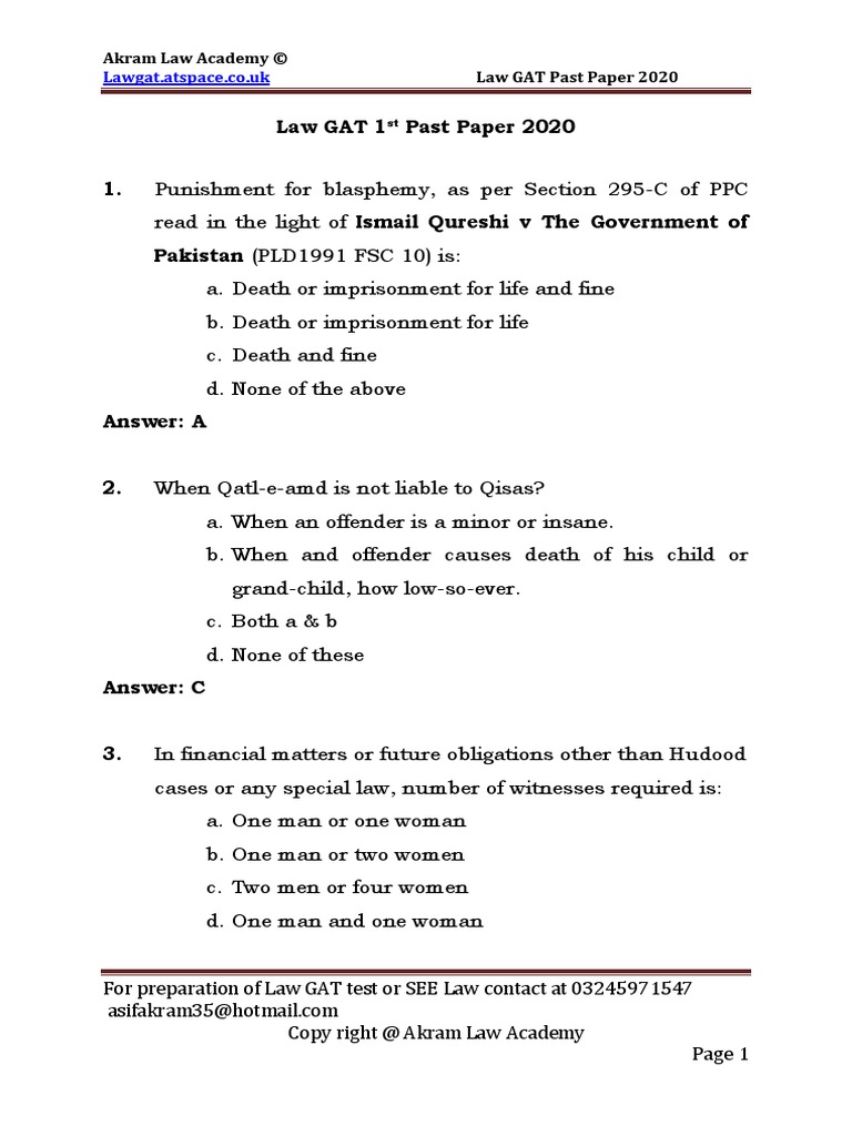 Past Paper Law GAT (1st Red-2020) | PDF | Criminal Justice | Crime ...
