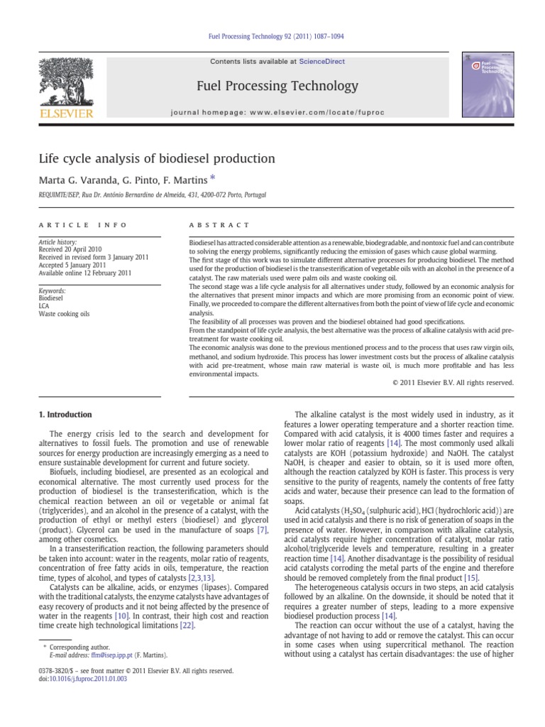 Varanda, Pinto, Martins - 2011 - Life Cycle Analysis of Biodiesel Production | Download Free PDF ...