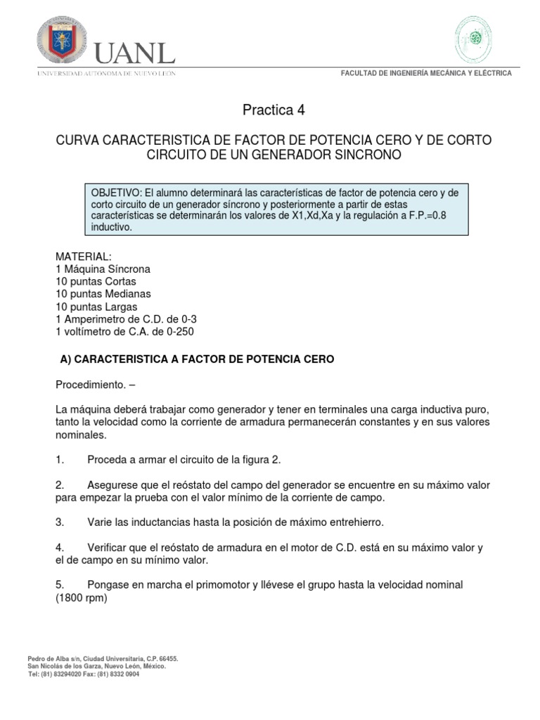Practica 4 Curva Caracteristica FP Cero y Corto Circuito | PDF | Generador eléctrico ...