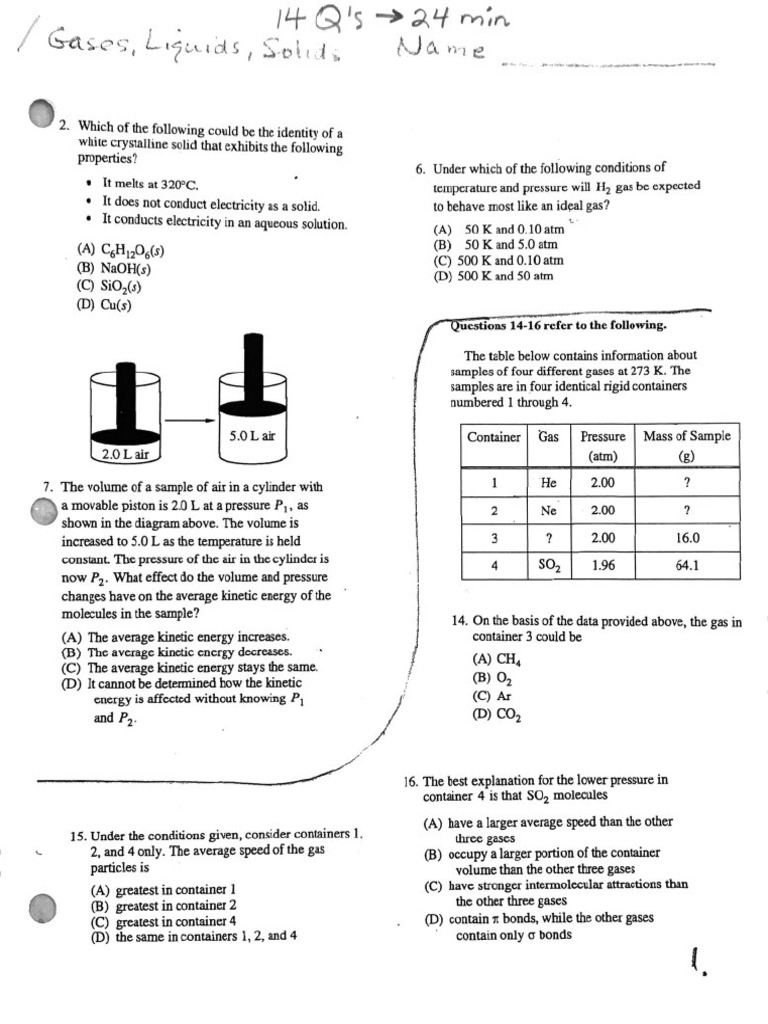 Gases Liquids Solids MC Questions PDF | PDF