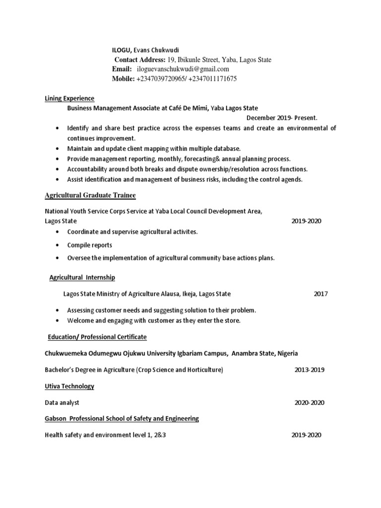 Evans Ilogu CV | PDF | Agriculture | Strategic Management