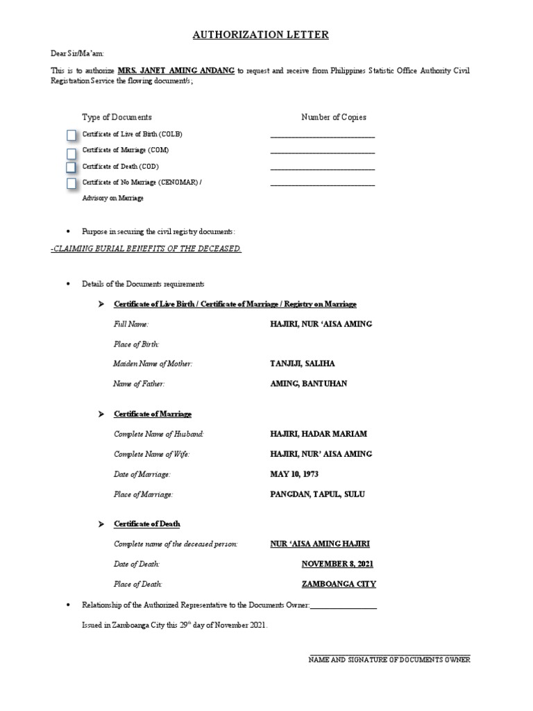 Authorization Letter of Psa | PDF