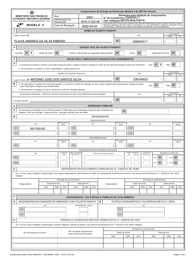 Comprovativo de Entrega da Declaração de Rendimentos Modelo 3 ao Fisco ...