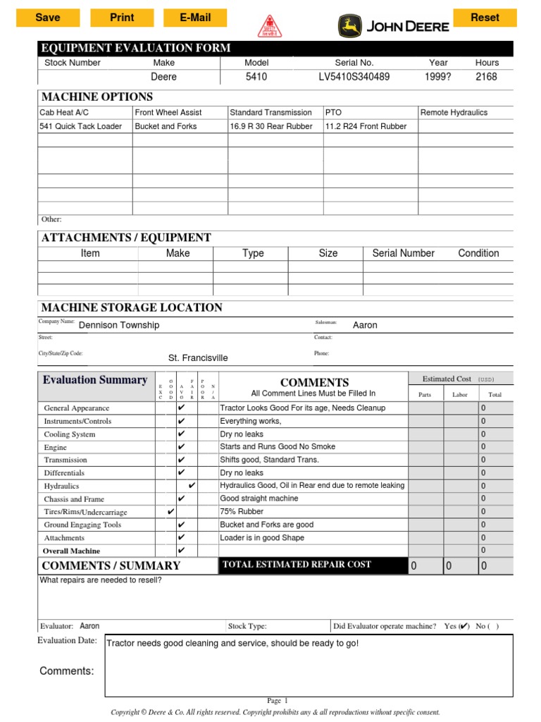 Equipment Evaluation Form Template | PDF | Loader (Equipment) | Tractor