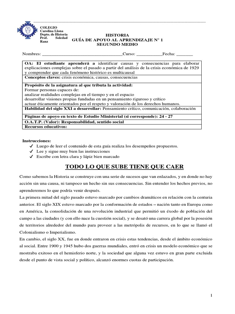 Guía 1 OA 2 Crisis 1929 | PDF | Pensamiento | Gran depresion