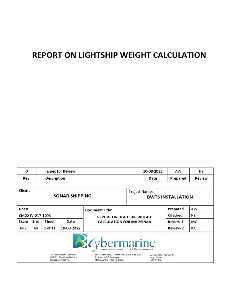 CM22-IV-204-1203 Report On Lightship Weight Calculation | PDF