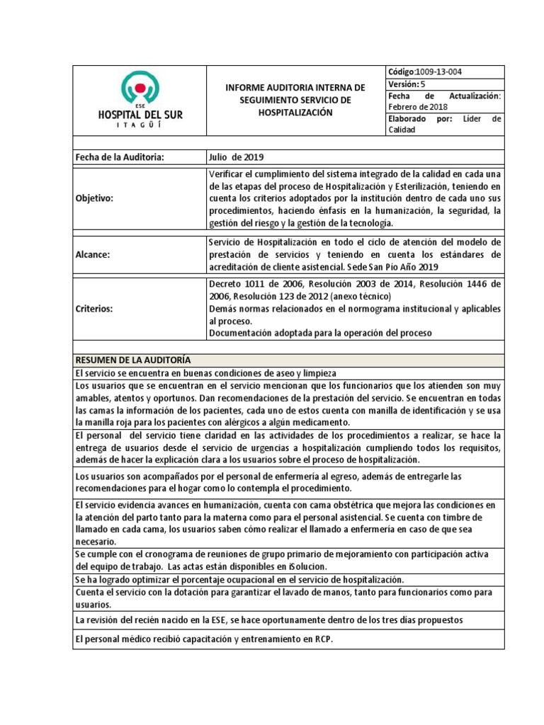 f2108 Informe Auditoria Interna Servicio de Hospitalizacion | PDF | Hospital | Auditoría