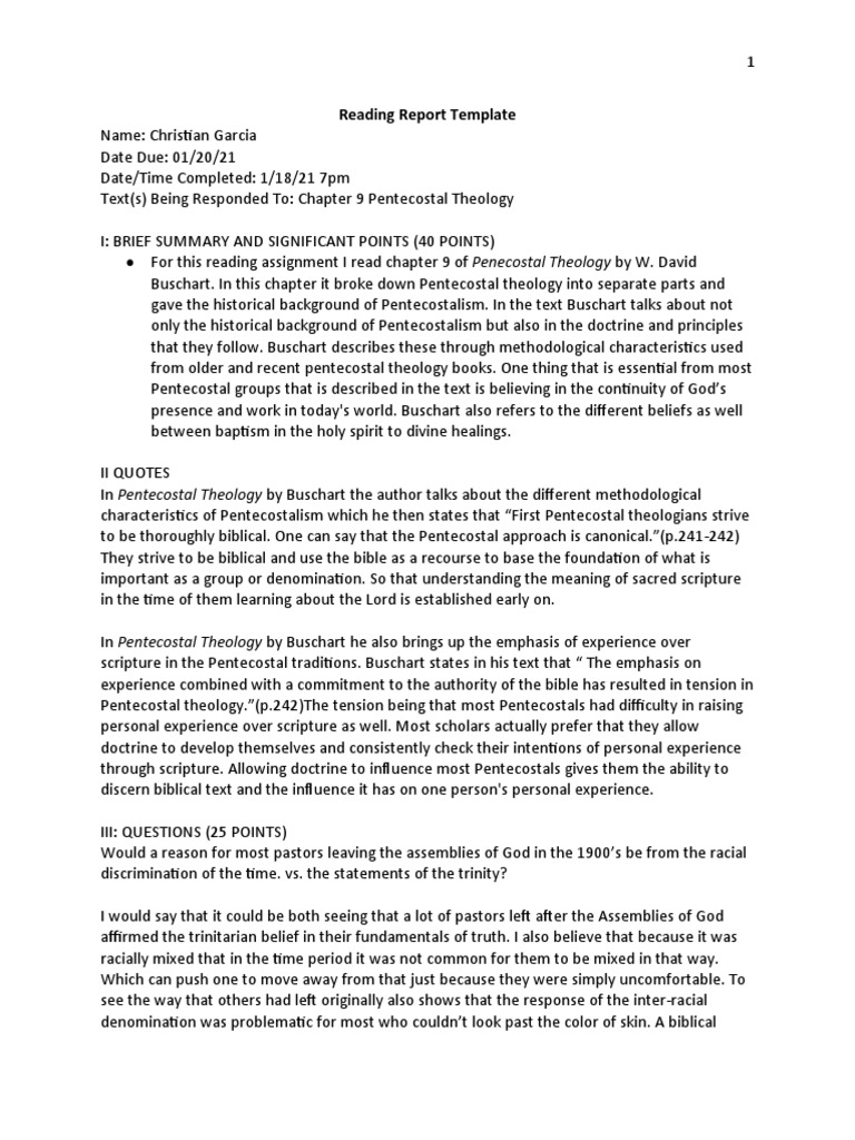 Reading Report Template-2 | PDF | Pentecostalism | Bible
