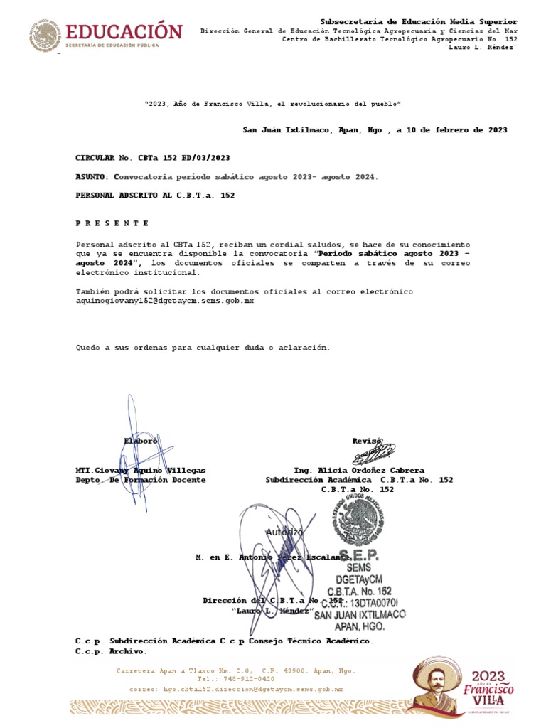 CIRCULAR No.3 CBTa 152 FD2023 | PDF