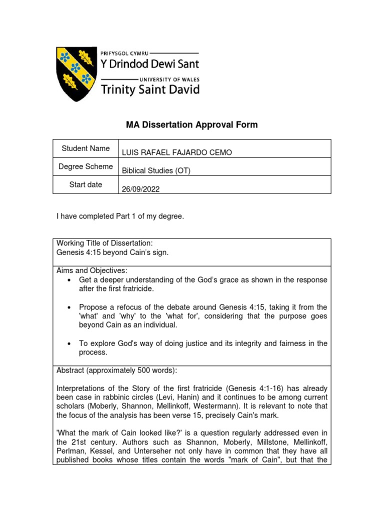 MA Dissertation Proposal Form PDF | PDF | Book Of Genesis | Cain And Abel