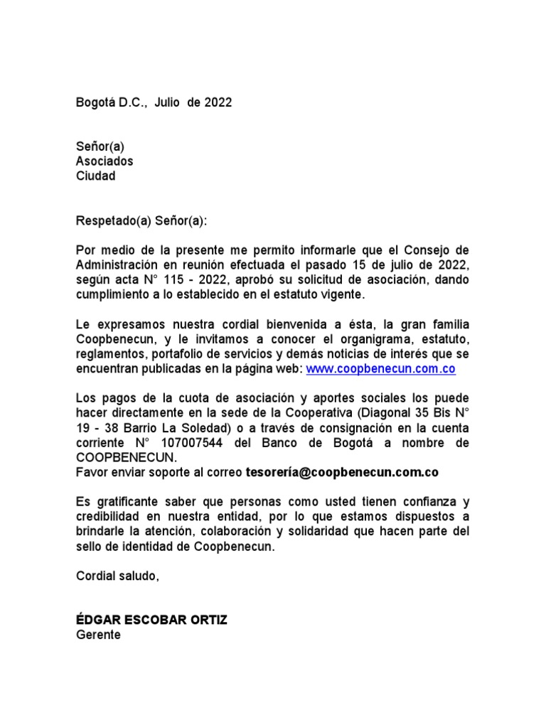 Carta de Bienvenida Asociados | PDF