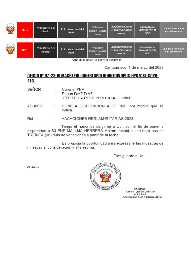 Oficio Vacaciones 2023 | PDF | Servicios de emergencia | Organizaciones relacionadas con el gobierno