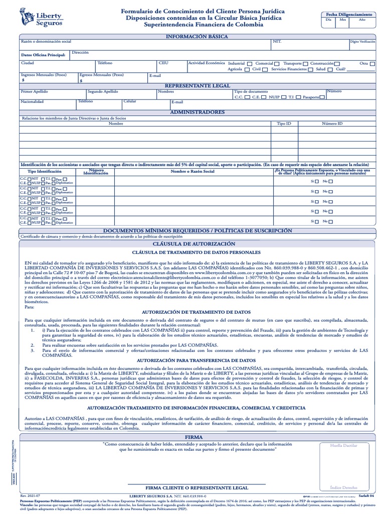 Formulario de Conocimiento Del Cliente Persona Jurídica PDF | PDF | Seguro | Información