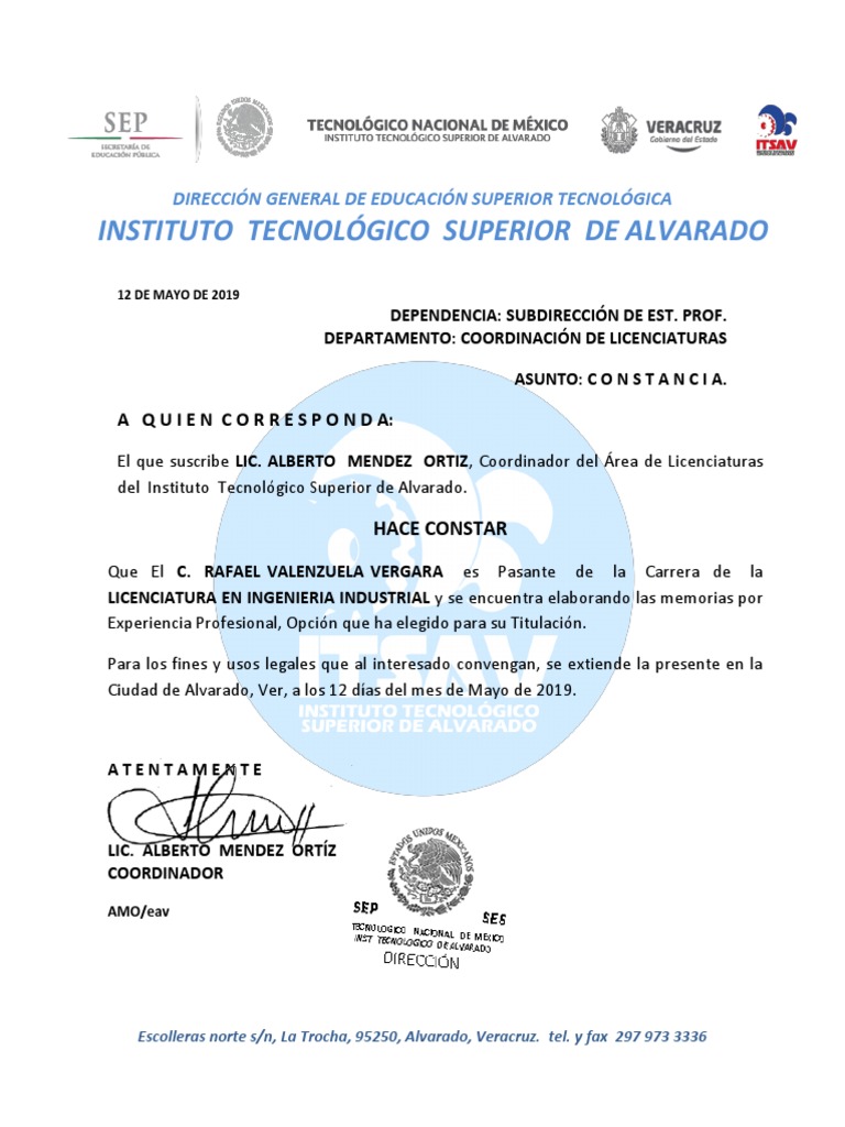 Carta de Pasante Itsav | PDF