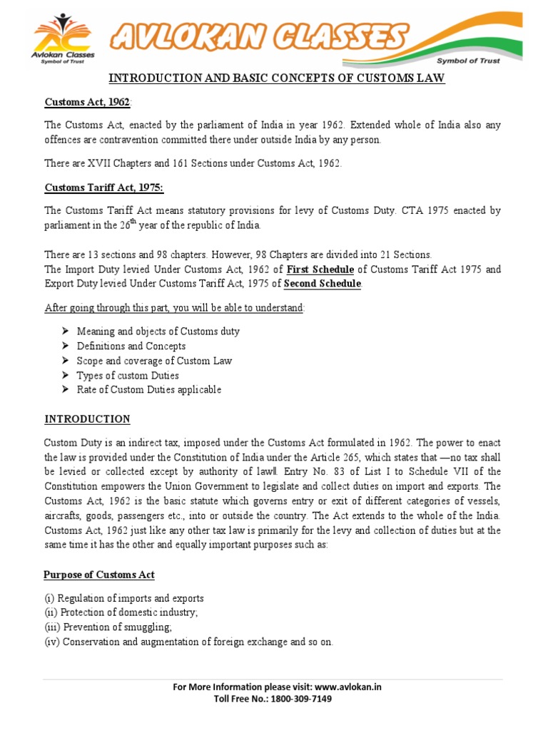 Introduction and Basic Concepts of Customs Law | PDF