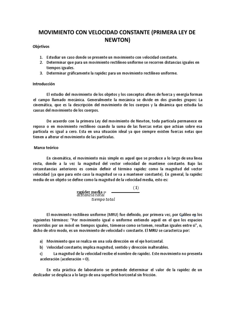 Práctica 4. Movimiento Con Velocidad Constante (Primera Ley de Newton) | PDF | Fuerza | Las ...