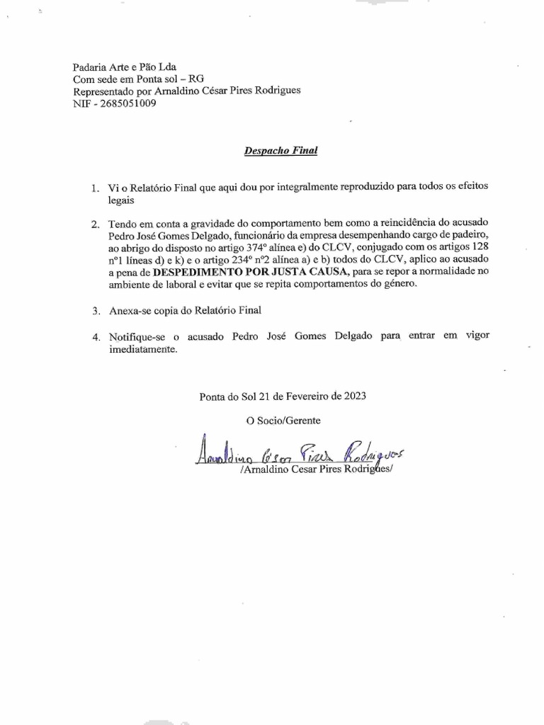 Despacho Final de Processo Disciplinar Contra PERDO JOSÉ GOMES DELGADO PDF | PDF