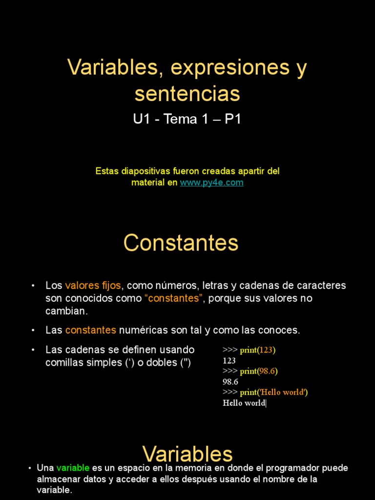 U1 - Tema 1 - P1 - Variables, Expresiones y Sentencias | PDF | Python ...