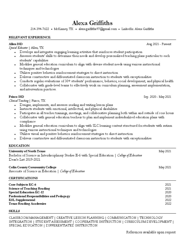 Alexa Griffiths: Special Educator - Allen, TX | Download Free PDF ...