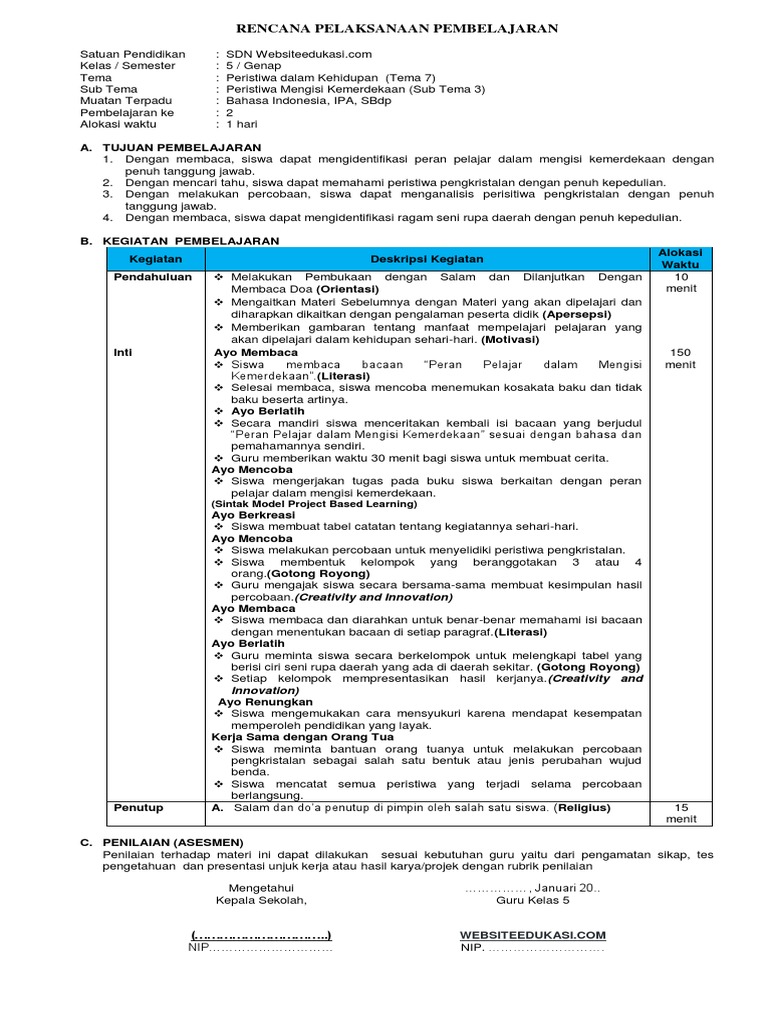 Rencana Pelaksanaan Pembelajaran: (Sintak Model Project Based Learning ...