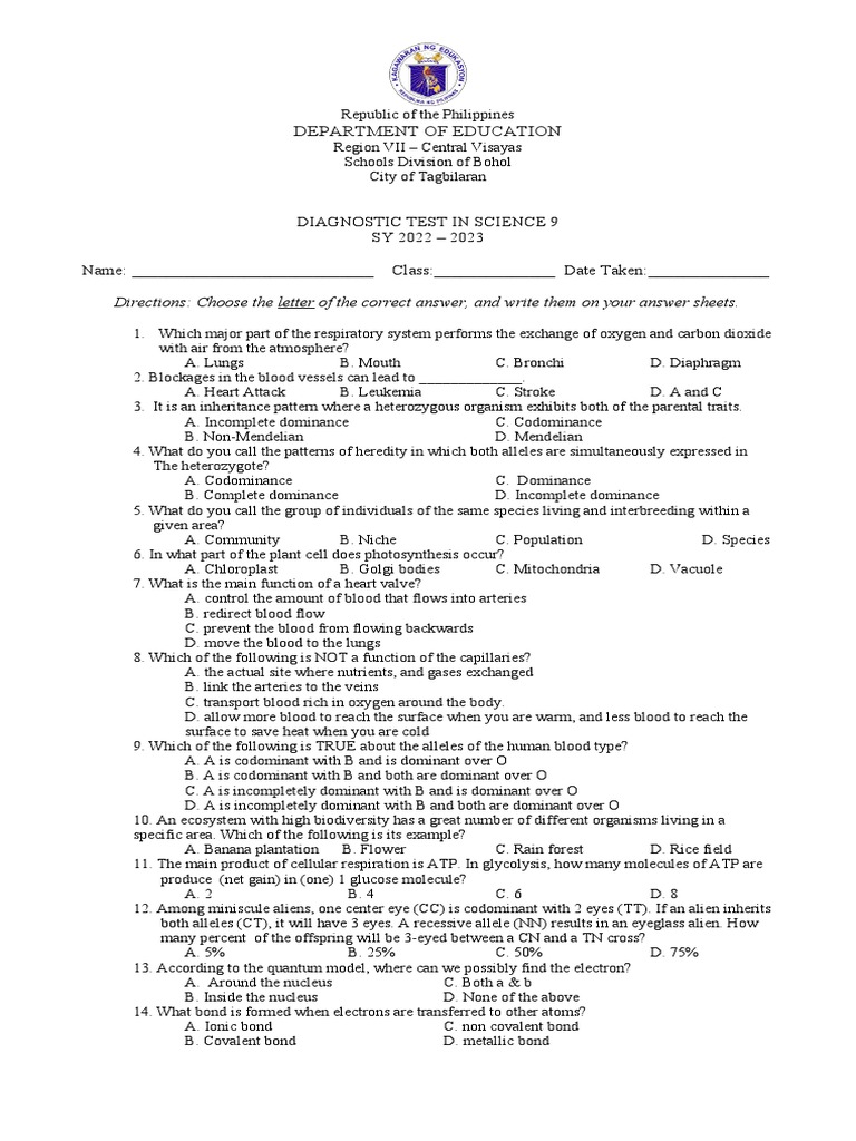 Grade 9 Diagnostic Test | PDF | Chemical Bond | Mole (Unit)