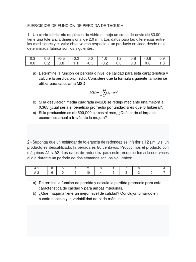 Ejercicios de Pérdida de Taguchi en Calidad | PDF | Función de pérdida ...