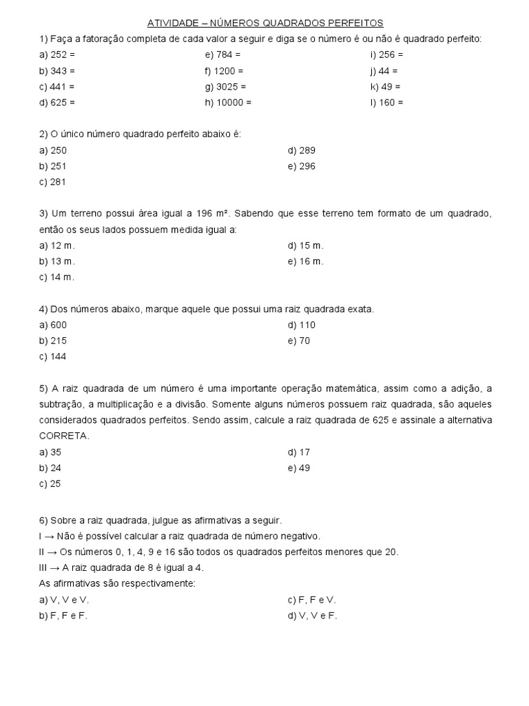 Numeros Quadrados Perfeitos. | PDF