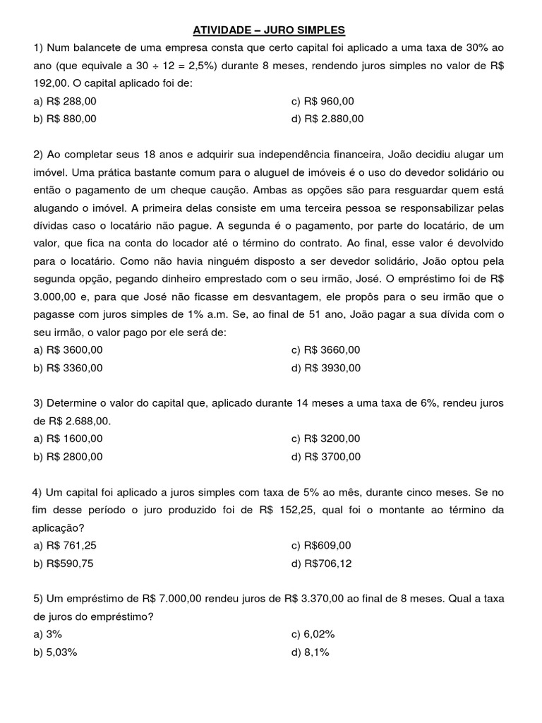 ATIVIDADE Juro Simples | PDF | Juros | Empréstimos