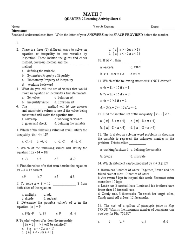 Q2 Las 6 | PDF | Equations | Inequality (Mathematics)