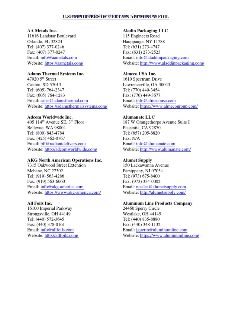 U.S. Aluminum Foil Importers List | PDF | Secondary Sector Of The Economy