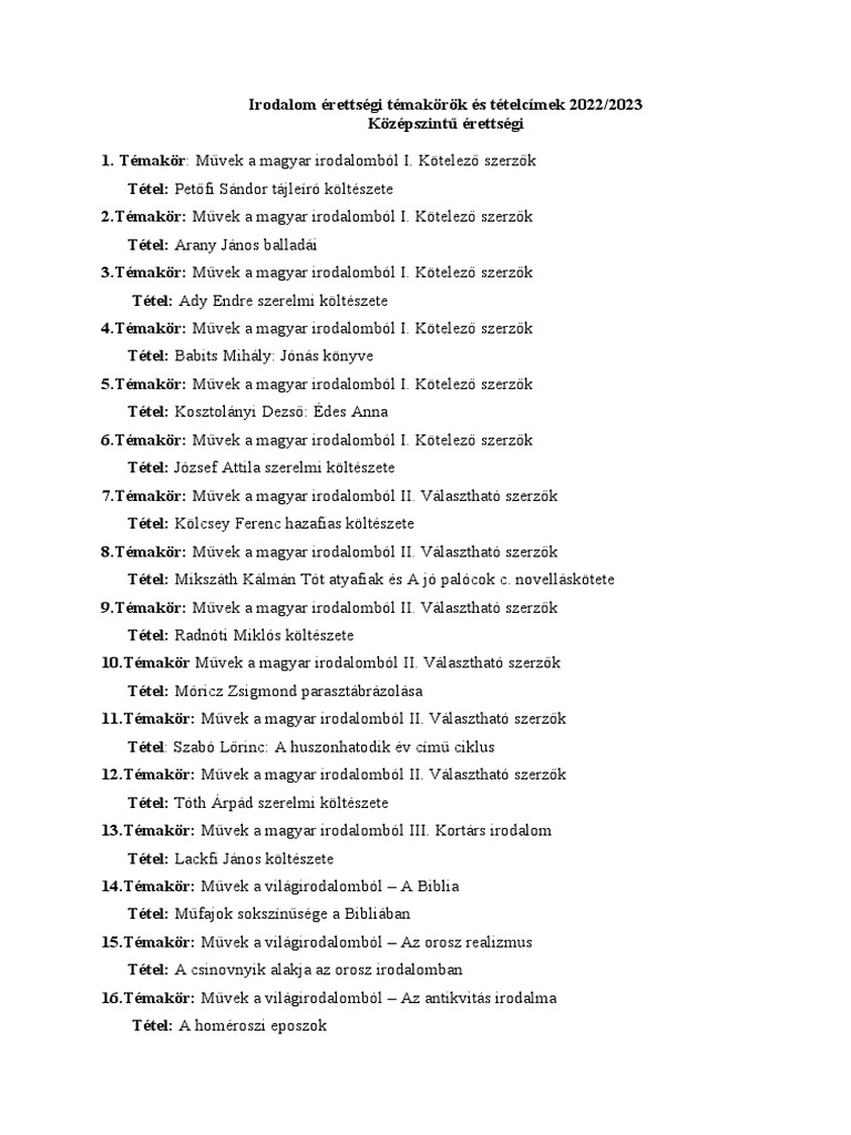 Szóbeli Érettségi Témakörök Irodalom - 2022 2023 | PDF