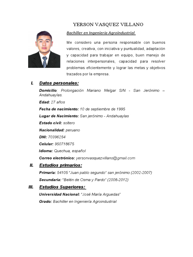 Cv. Yerson Vasquez Villano | PDF | Perú