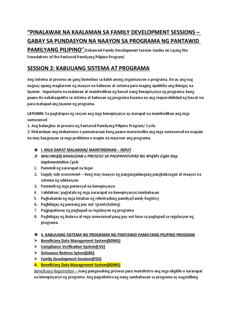 PINALAWAK NA KAALAMAN SA FAMILY DEVELOPMENT SESSIONS Feb 2023 | PDF