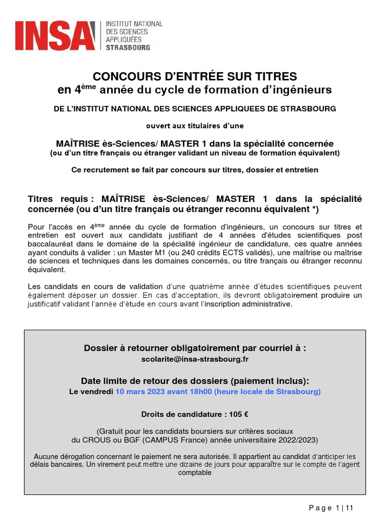 Concours INSA Strasbourg 2023 : Admission en 4ème Année Ingénieur | PDF ...