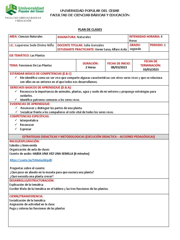 Plan de clases sobre las funciones de las plantas | PDF | Plantas | Evaluación