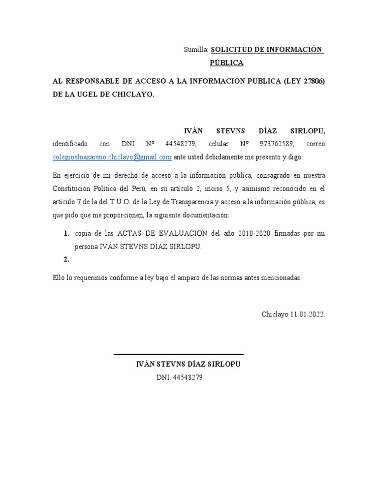 Solicitud de Información Pública - Al Responsable de Acceso A La Informacion Publica (Ley 27806 ...