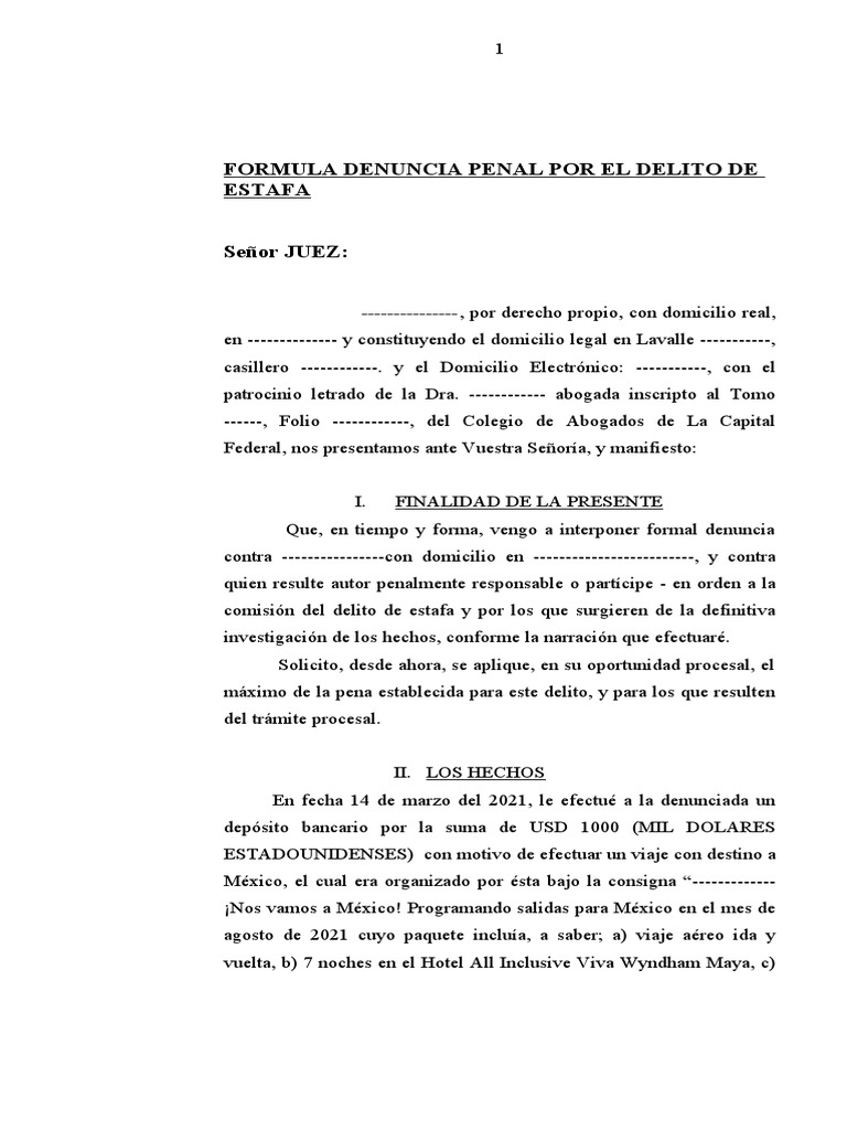 Modelo - Denuncia Penal Por Estafa | PDF | Trucos de confianza | Derecho penal