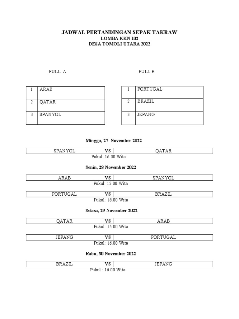 Jadwal Pertandingan Sepak Takraw | PDF