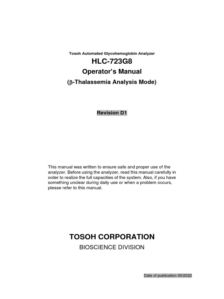 TOSOH - G8bThal - Operarion Manual - EN | PDF | Infection | Electrical ...