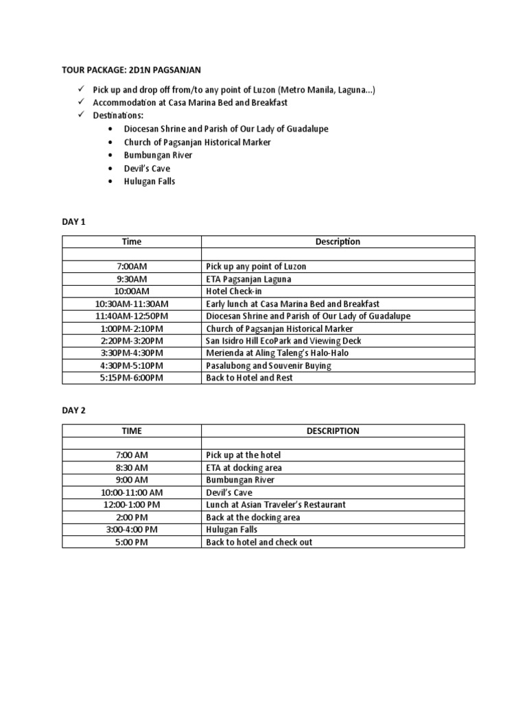 Tour Package and Itinerary | PDF