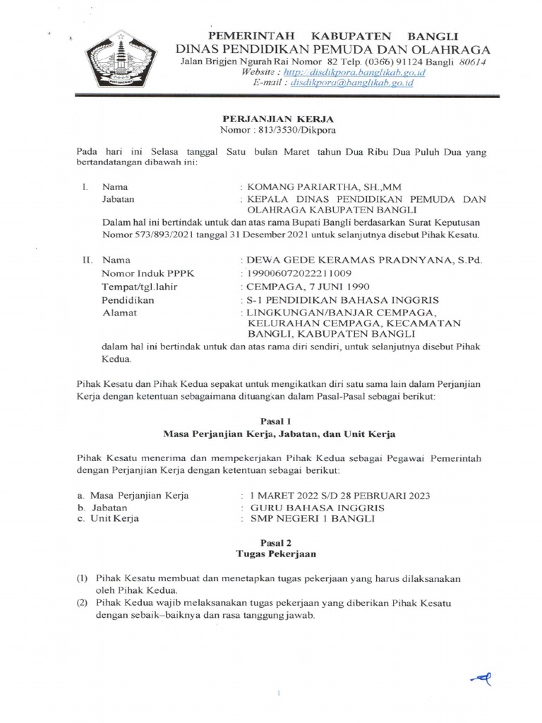 Surat Perjanjian Kerja PPPK 2022 PDF | PDF