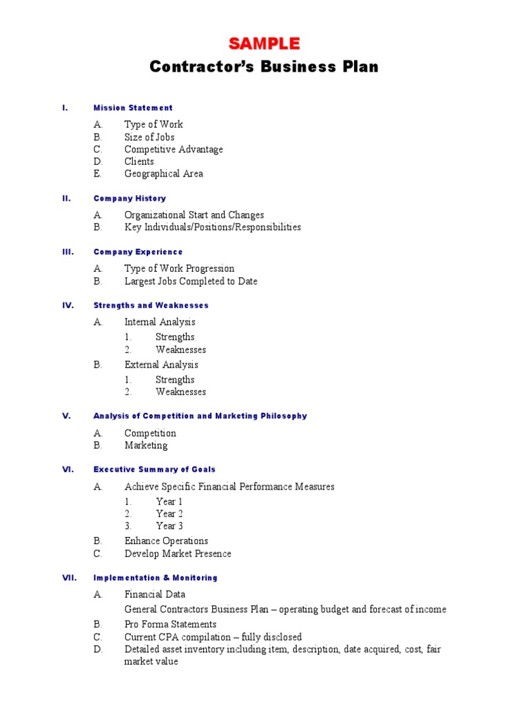Contractor Business Plan Sample PDF | PDF