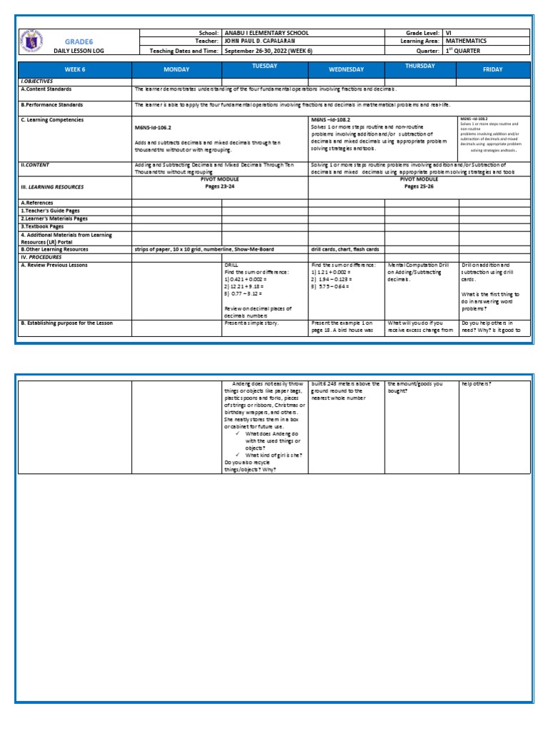 DLL Grade 6 Q1 Week 4 | PDF | Educational Technology | Learning