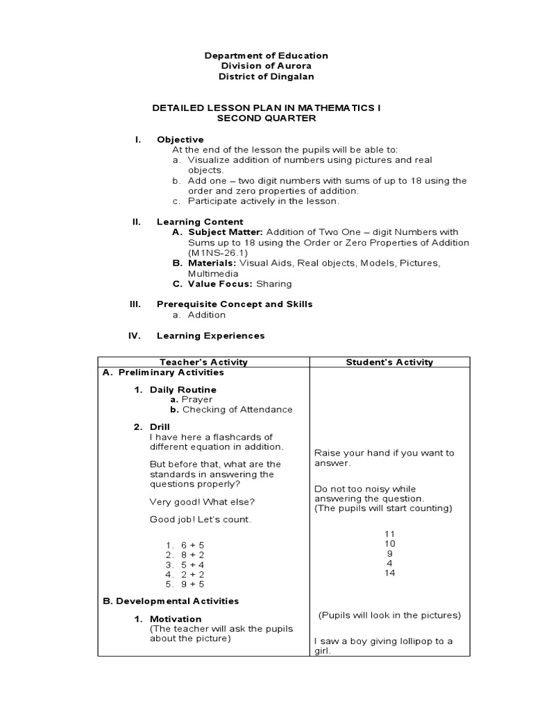 Detailed Lesson Plan Math I | PDF | Lesson Plan | Teachers