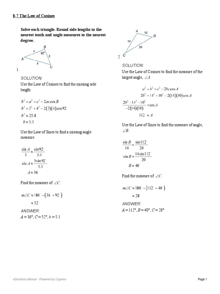 Law of Cosines Triangle Solutions | PDF | Trigonometric Functions ...